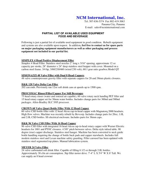 NCM - LIST OF AVAILABLE USED EQUIPMENT Food Beverage