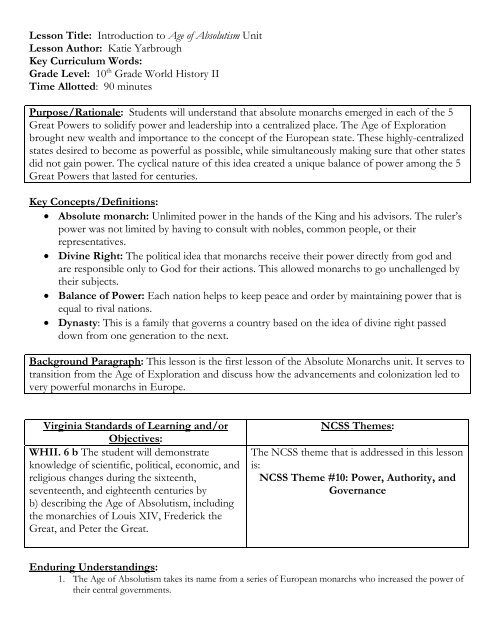 Lesson Title: Introduction to Age of Absolutism Unit Lesson ... - Filebox