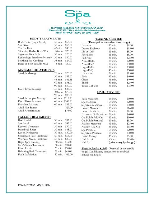 Spa Treatments Prices