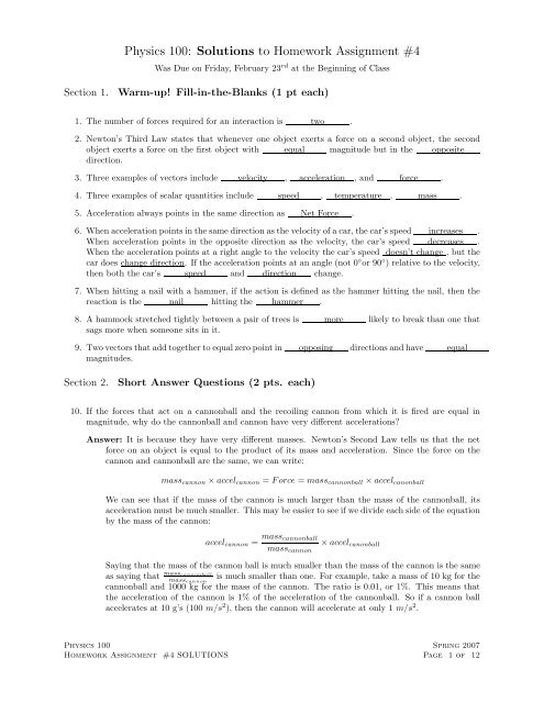 Physics 100: Solutions to Homework Assignment #4