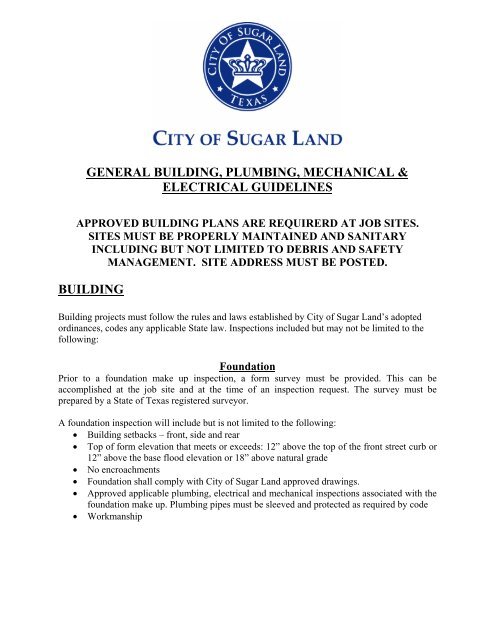 Building Inspection Checklist - City of Sugar Land