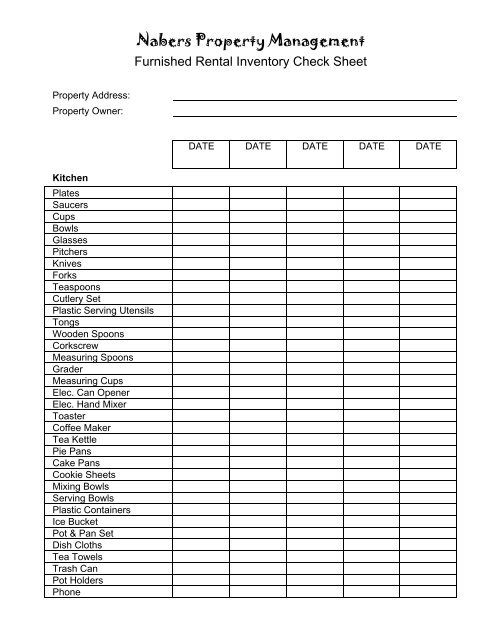 Furnished Rentals Inventory Check List Nabers Property 