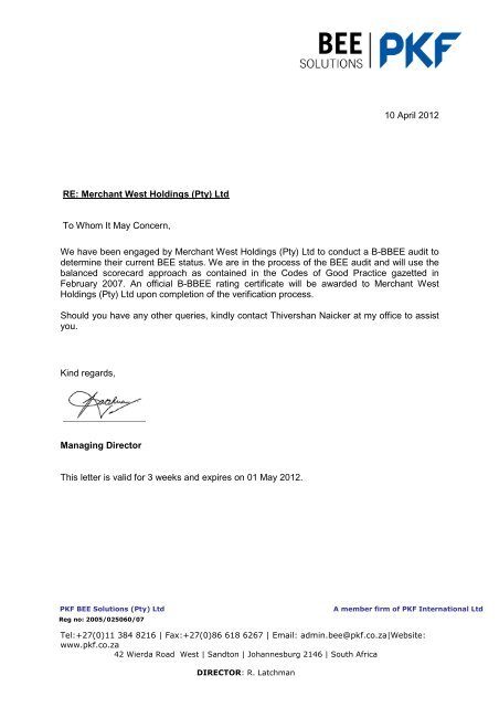 PKF BEE Process Letter - Merchant West Holdings (Pty) Ltd