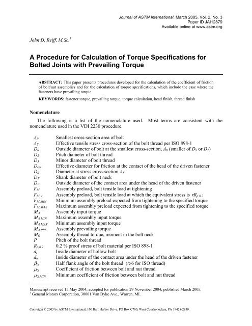 A Procedure for Calculation of Torque Specifications - Hexagon