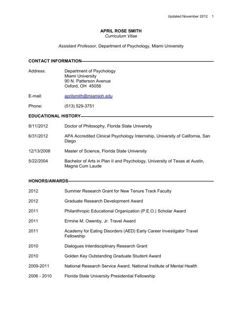 Dr. April R. Smith's CV - units.muohio.edu - Miami University