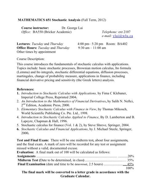 Course Outline - MA651 - Fall 2012 - Wilfrid Laurier University