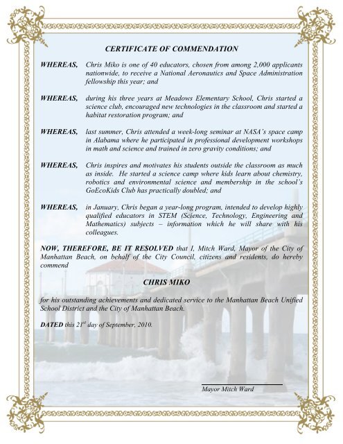 CERTIFICATE OF COMMENDATION CHRIS MIKO - City of ...