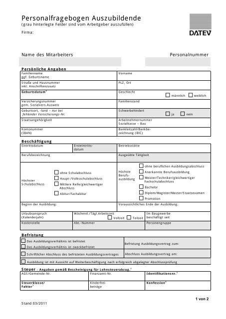 Personalfragebogen Auszubildende - Hirschmann ...