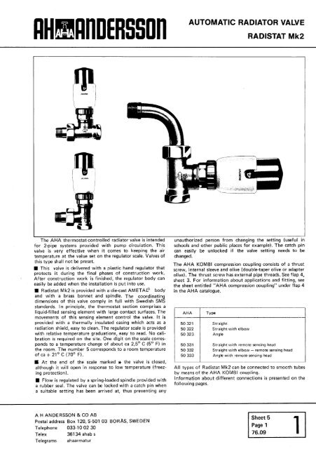 AUTOMATIC RADIATOR VALVE RADISTAT Mk2 - TA Hydronics