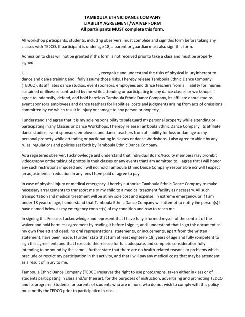 Waiver Form - Tamboula Ethnic Dance Company