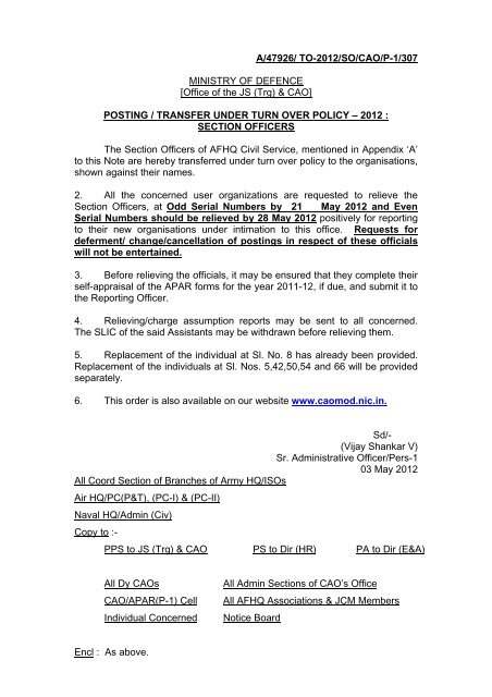 POSTING / TRANSFER UNDER TURN OVER POLICY - Office of JS(T)