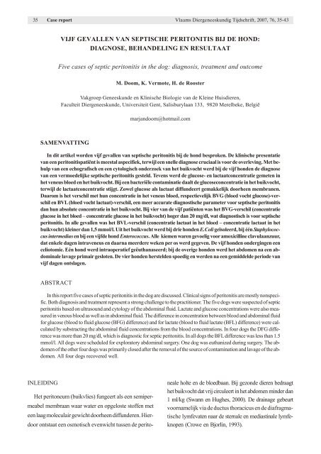 VIJF GEVALLEN VAN SEPTISCHE PERITONITIS BIJ DE HOND ...