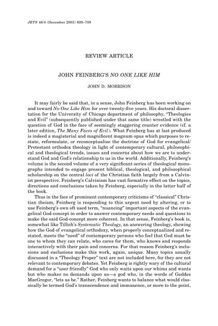 review article john feinberg's no one like him - The Evangelical ...