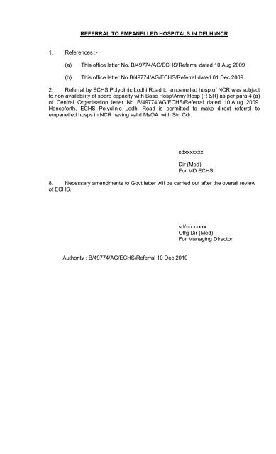 REFERRAL TO EMPANELLED HOSPITALS IN DELHI/NCR ... - ECHS