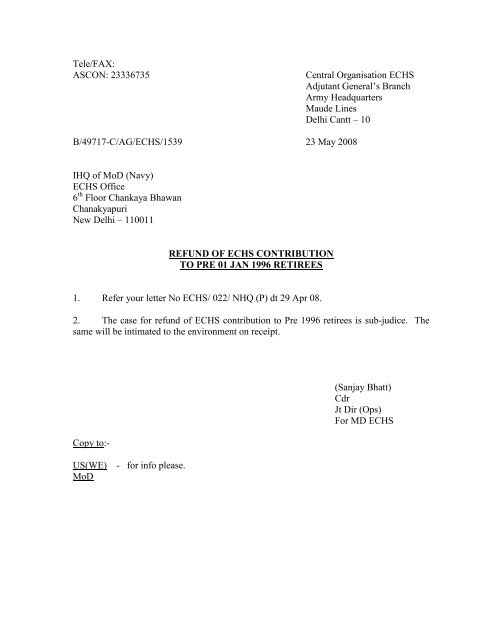 Tele/FAX: ASCON: 23336735 Central Organisation ECHS Adjutant ...