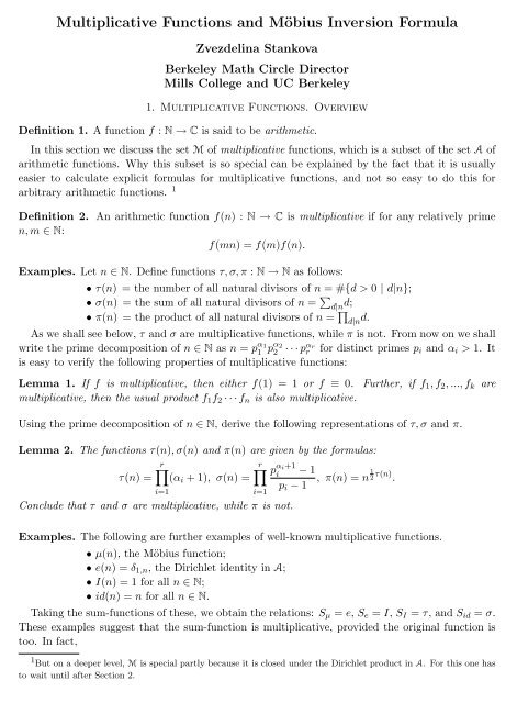 Multiplicative Functions And Möbius Inversion Formula