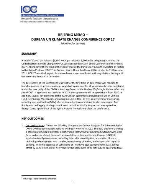 BRIEFING MEMO – DURBAN UN CLIMATE CHANGE ...