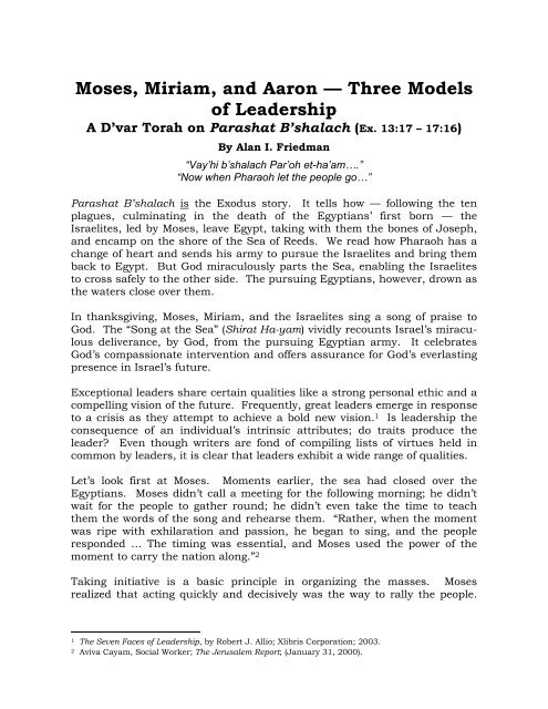 Moses, Miriam, and Aaron — Three Models of Leadership