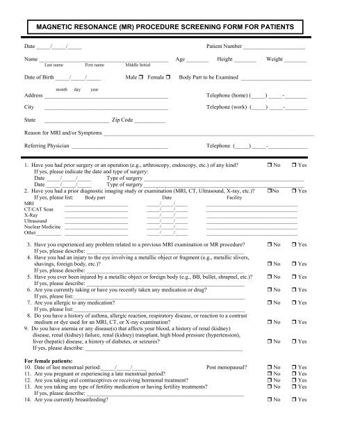 Mr Procedure Screening Form For Patients Mri Safety