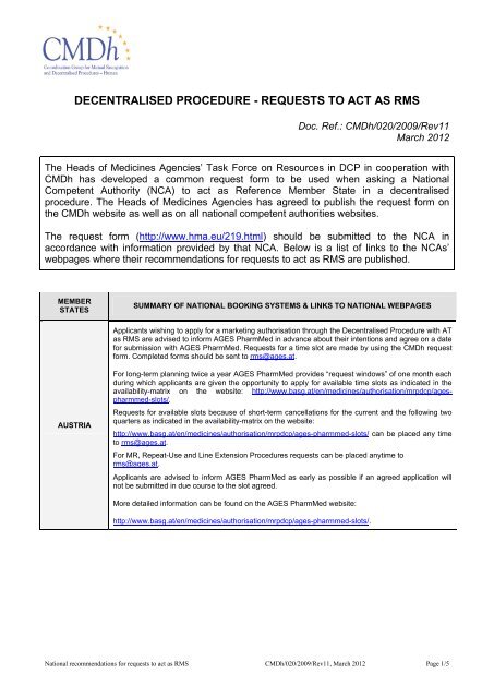 decentralised procedure - requests to act as rms - Heads of ...