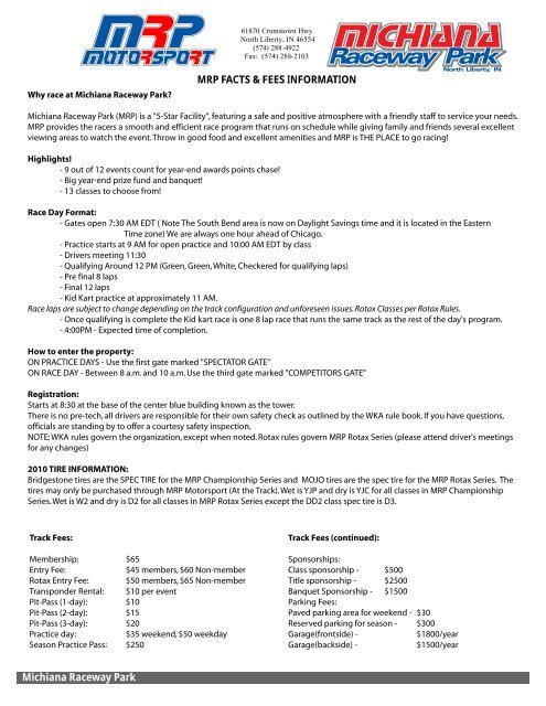 MRP FACTS & FEES INFORMATION - Michiana Raceway Park