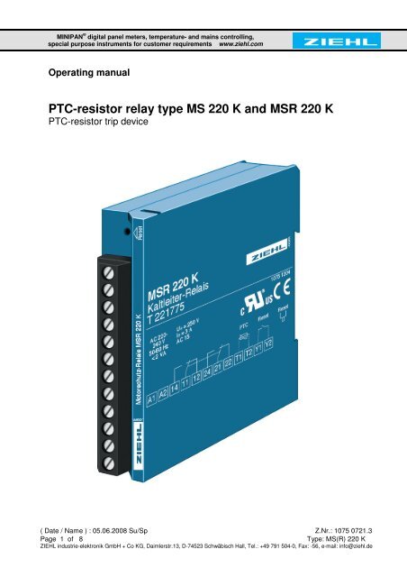 PTC-resistor relay type MS 220 K and MSR 220 K - Ziehl industrie ...