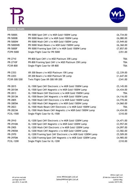 Price List - White Light