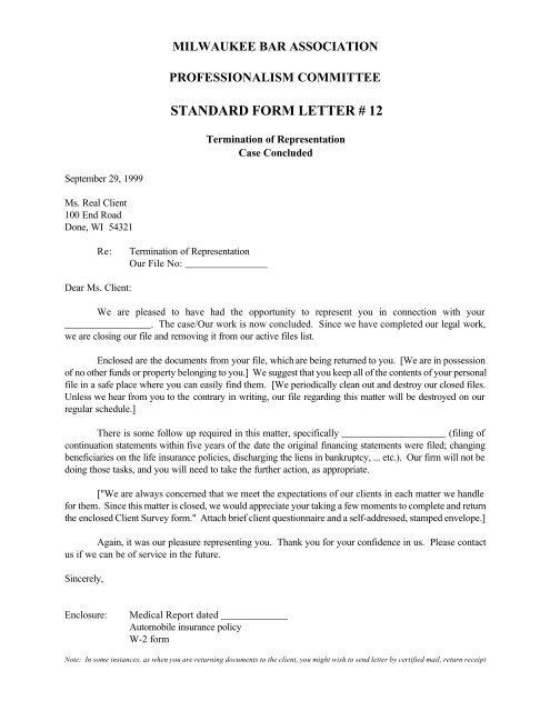 STANDARD FORM LETTER # 12 - Milwaukee Bar Association
