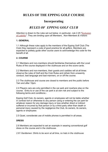 RULES OF THE EPPING GOLF COURSE