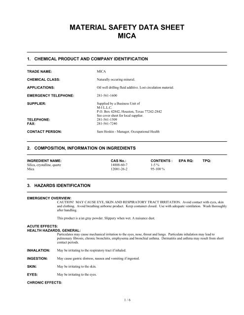 Material safety data sheet mica - midwestern mud