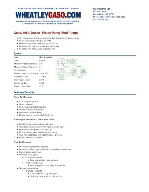 1654, Duplex, Piston Pump (Mud Pump) | Wheatley Gaso Pump Parts