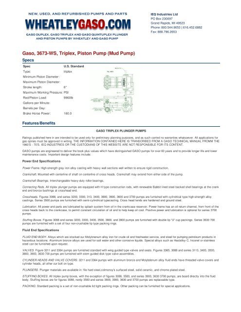 3673 Ws, Triplex, Piston Pump (Mud Pump) | Wheatley Gaso Pump ...