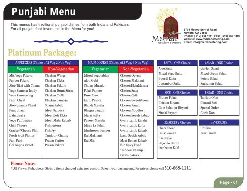 Punjabi Menu - Mehran Restaurant & Catering