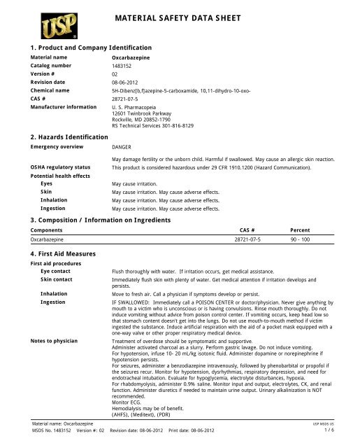 MATERIAL SAFETY DATA SHEET - US Pharmacopeial Convention