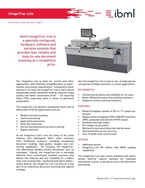 ImageTrac 3e-Lite Specifications - ibml