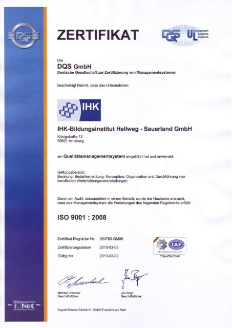ZERTIFIKAT - IHK-Bildungsinstitut Hellweg-Sauerland GmbH
