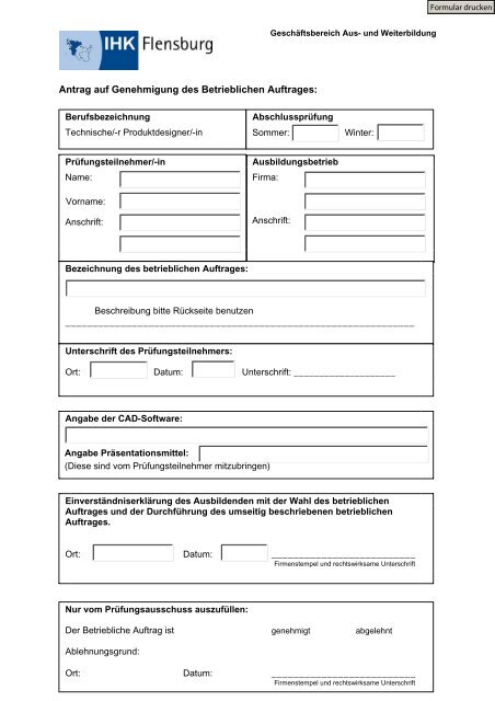 Antrag auf Genehmigung des Betrieblichen Auftrages