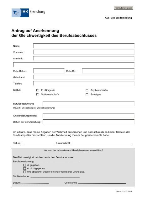 Antrag auf Anerkennung der Gleichwertigkeit des Berufsabschlusses
