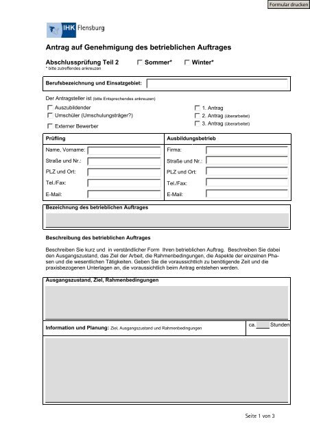 Antrag auf Genehmigung des betrieblichen Auftrages Metall Stand ...