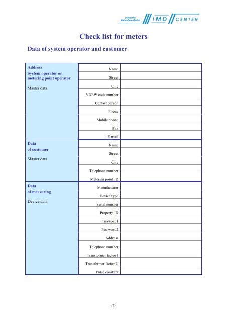 Check list for meter reading - IMD-CENTER: Industrial Meter-Data ...