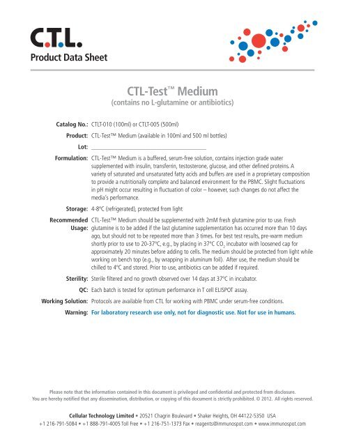 MSDS & PDS - Cellular Technology, Ltd