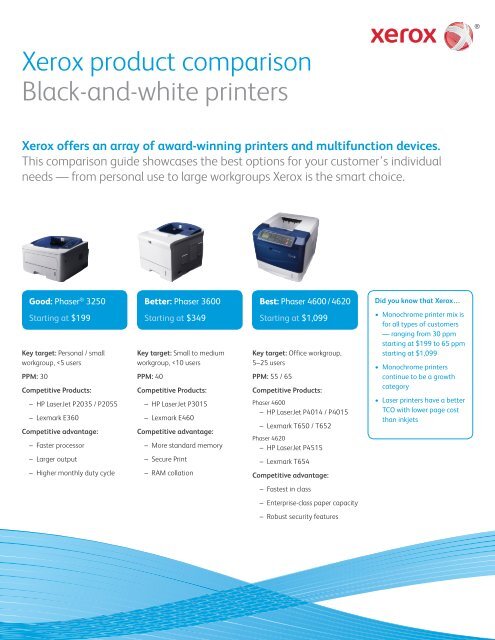 Xerox product comparison Black-and-white printers - Insight