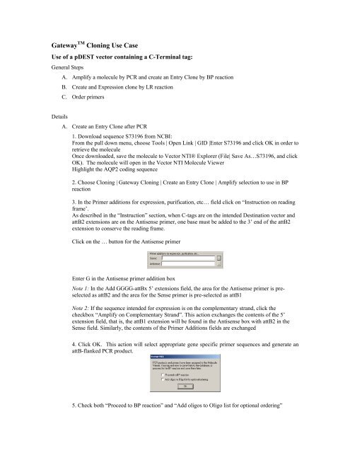 GatewayTM Cloning Example 2 - Invitrogen