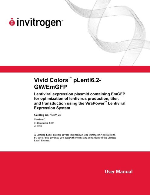 Vivid Colors pLenti6.2- GW/EmGFP - Invitrogen