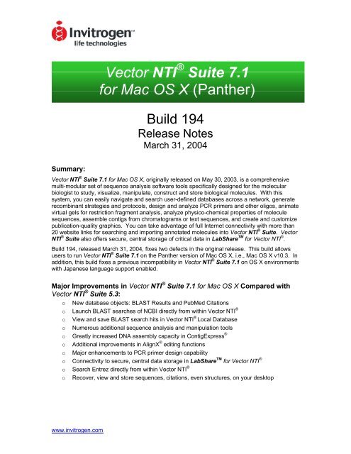 Vector NTI Suite 7.1 for Mac OS X (Panther) - Invitrogen