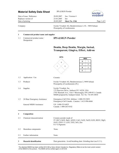 Material Safety Data Sheet IPS d.SIGN Powder ... - Henry Schein
