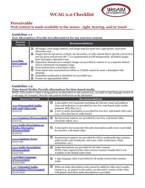 WCAG 2.0 Checklist Perceivable - WebAIM