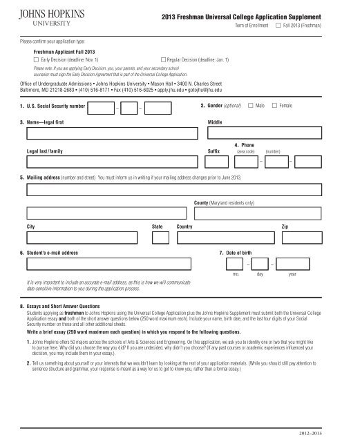 Johns Hopkins Supplement to the Universal College Application