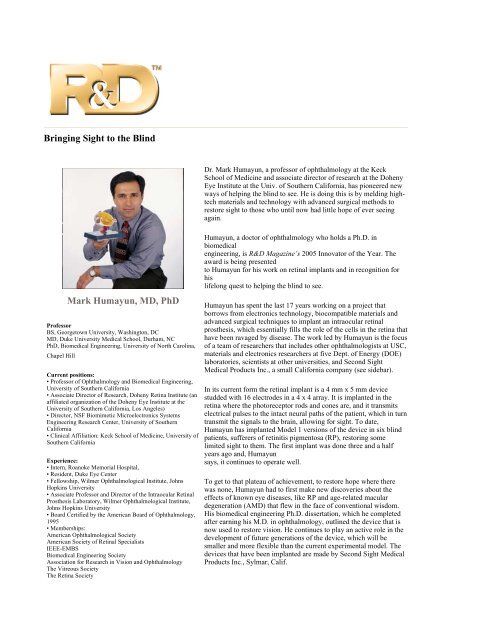 Bringing Sight to the Blind Mark Humayun, MD, PhD - Doheny Eye ...