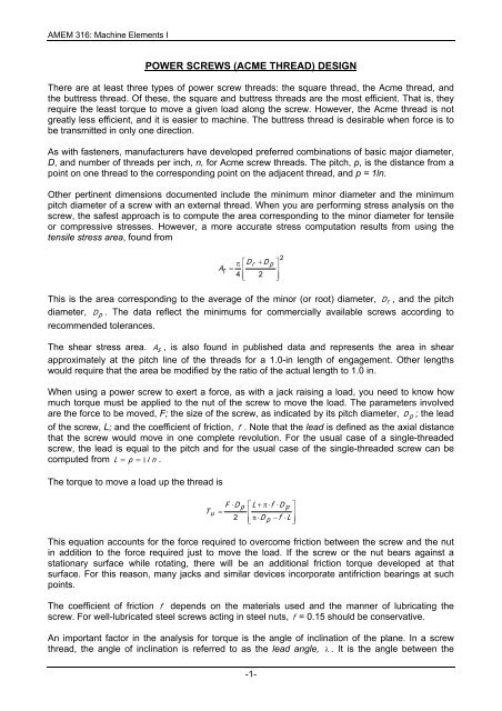 POWER SCREWS (ACME THREAD) DESIGN